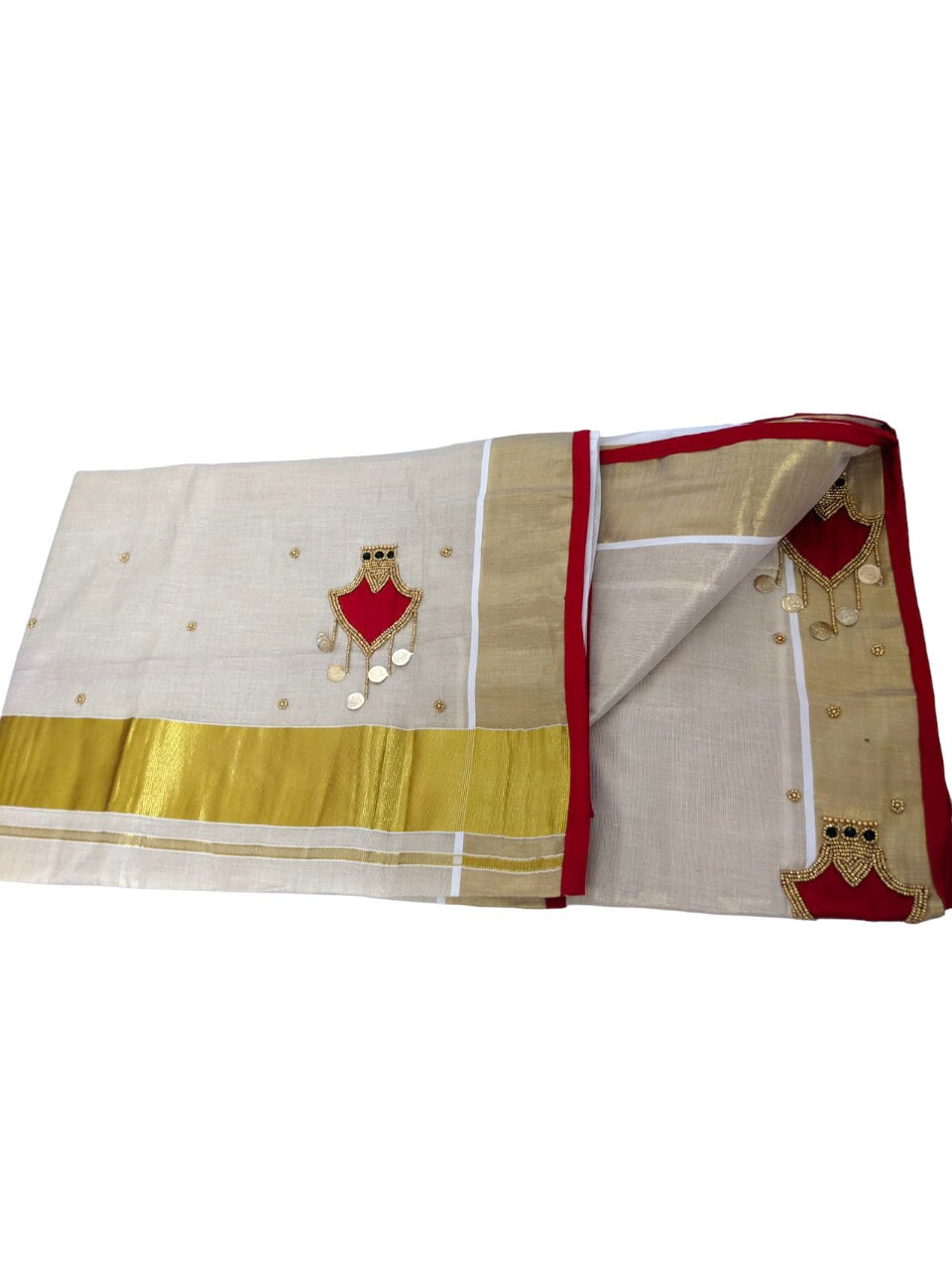 Kerala Onam Set Saree With Gold Palaka Works Beads Ariwork Tissue ...