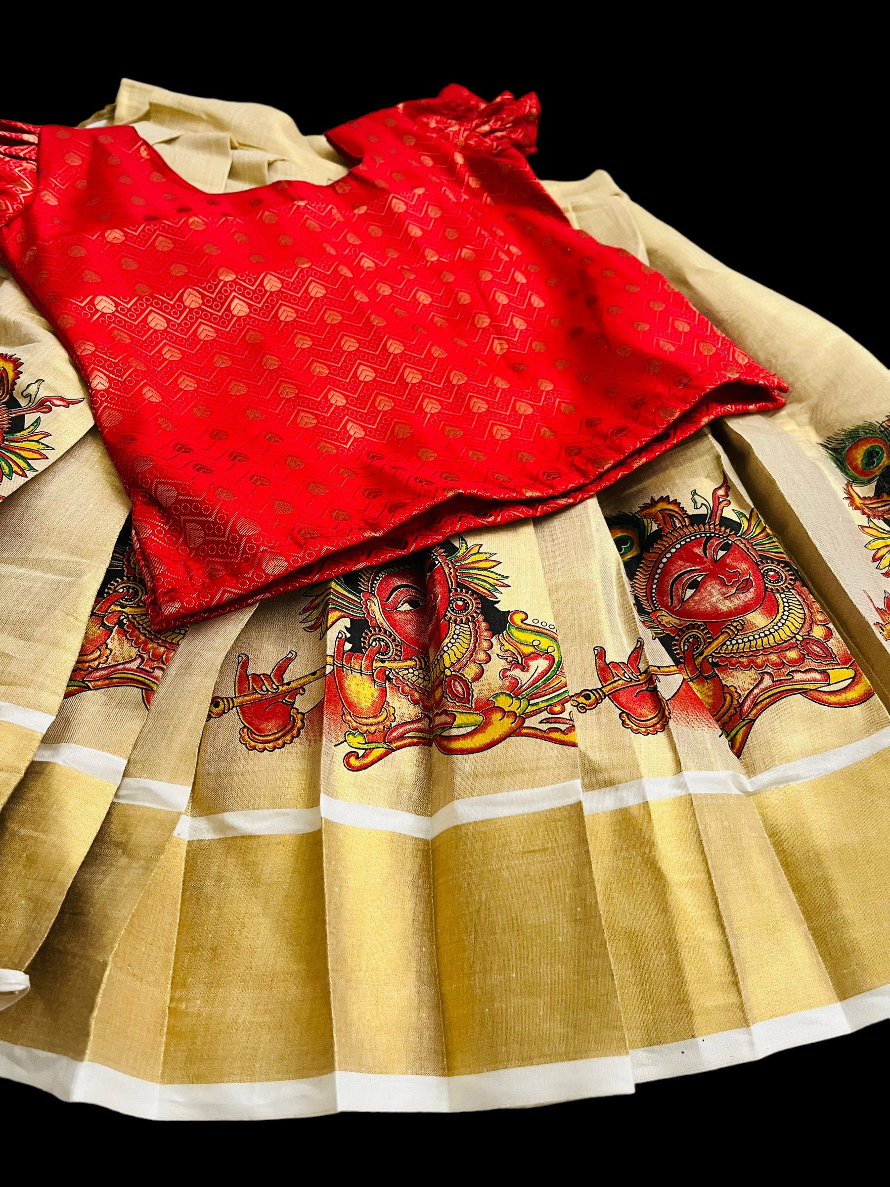 Girls Pattu Pavada red Gold Skirt Blouse Kerala Onam Dawani Kerala ...