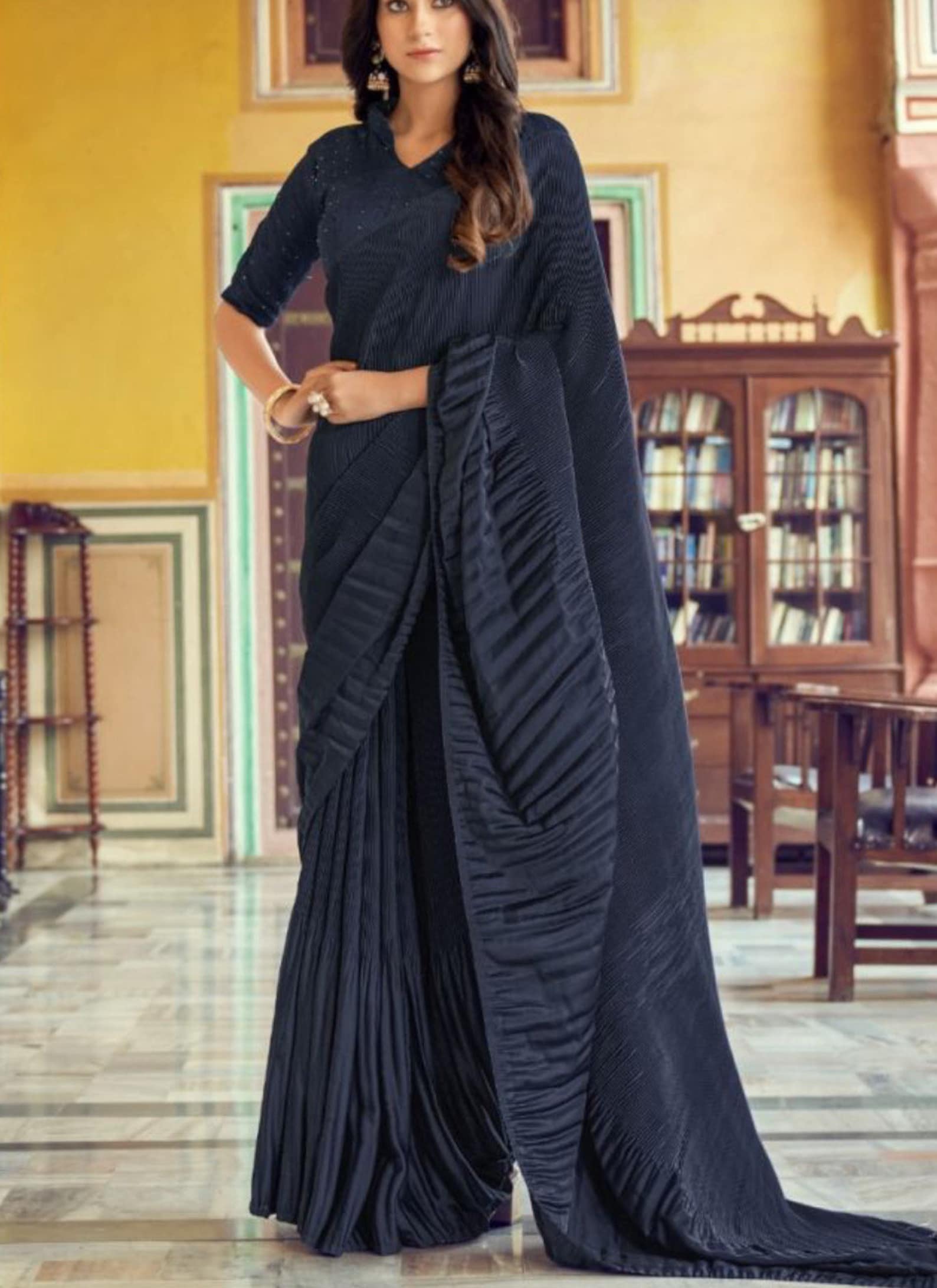 Beautiful Silk Pleated Crushed Saree Party Wear Saree Elegant Saree ...