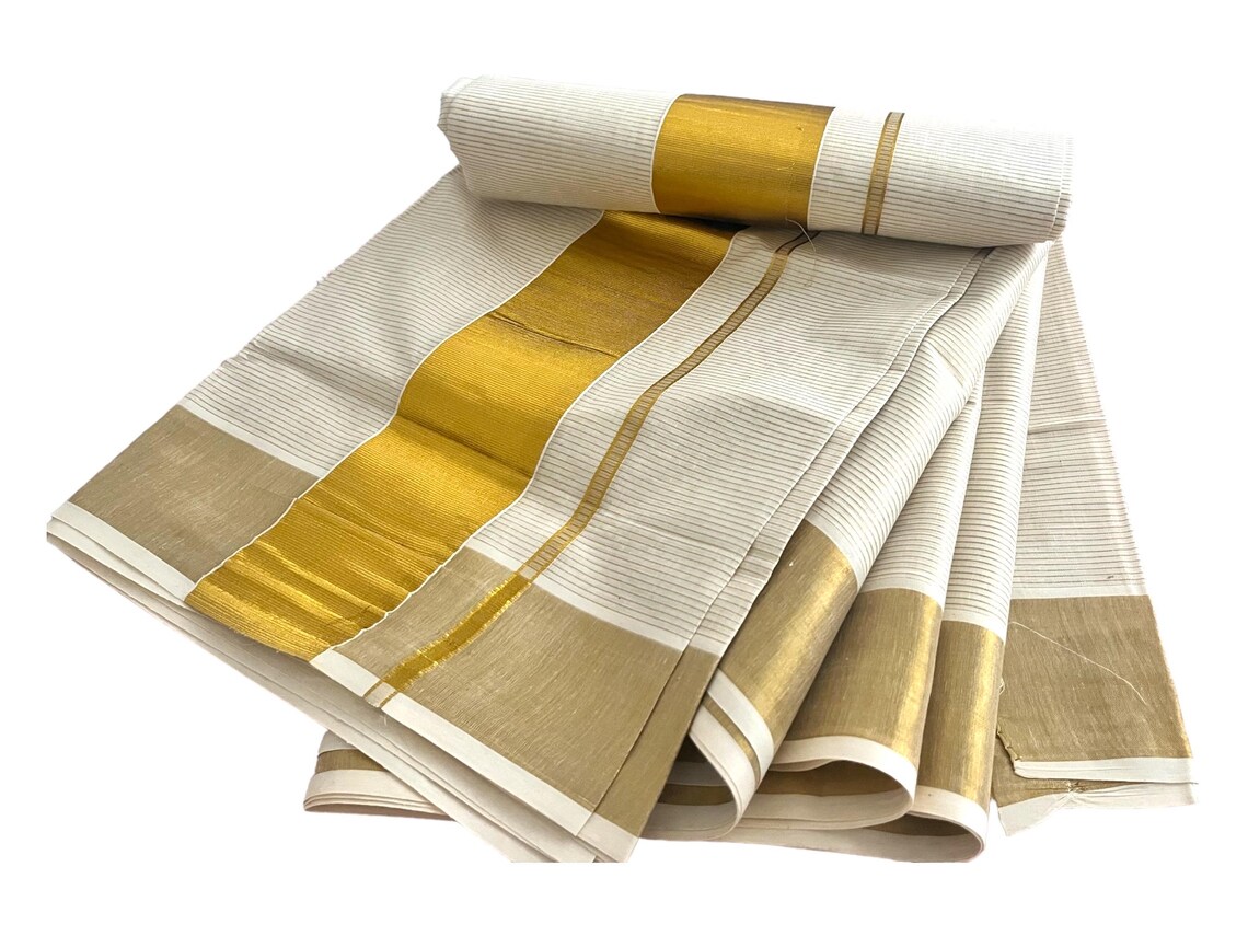 Kerala Onam Vishu Set Saree Gold Border With Stripe Pattern | Kerala ...