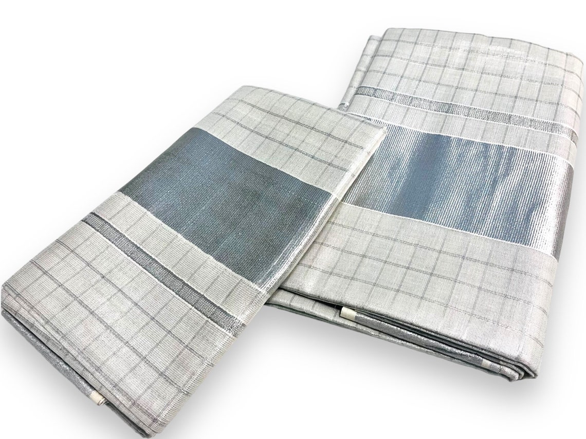Kerala Set Mundu Silver Check Stripes Tissue | Onam Vishu Set Mundum ...