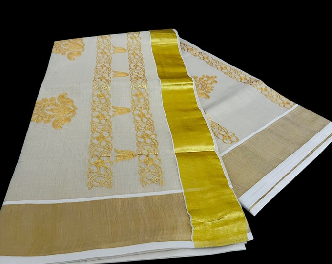 Kerala Set Saree Flower Embroidery Thread Work Tissue Saree| Onam Set ...