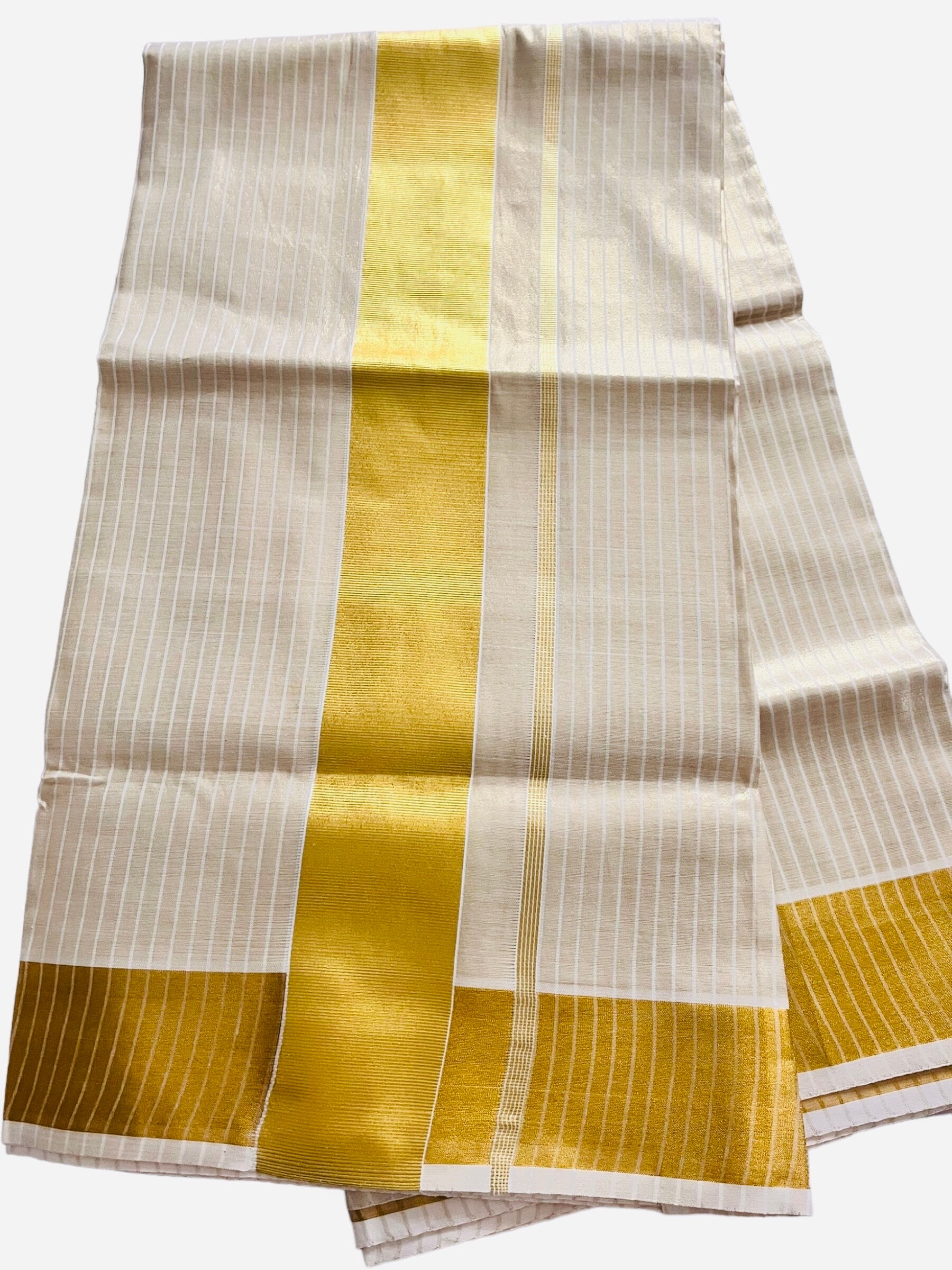 Kerala Onam Vishu Set Saree Gold Border With Stripe Pattern Kerala ...