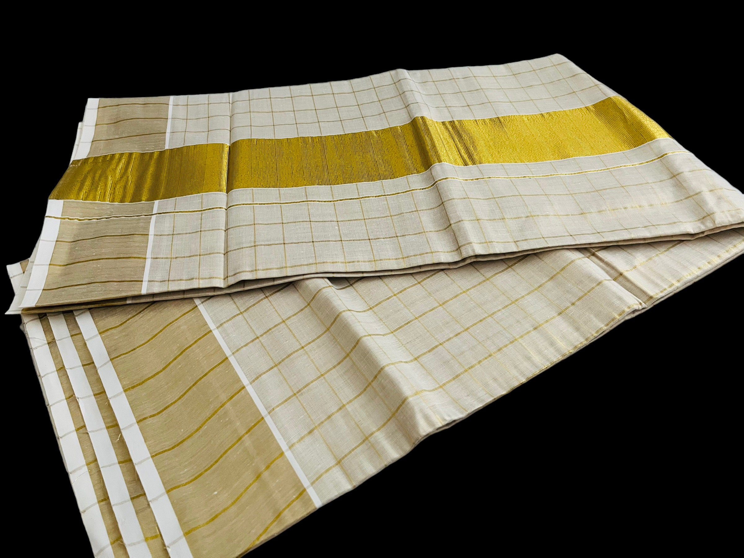 Kerala Vishu Set Saree Gold Check Stripes With Blouse Kerala Saree Gold ...