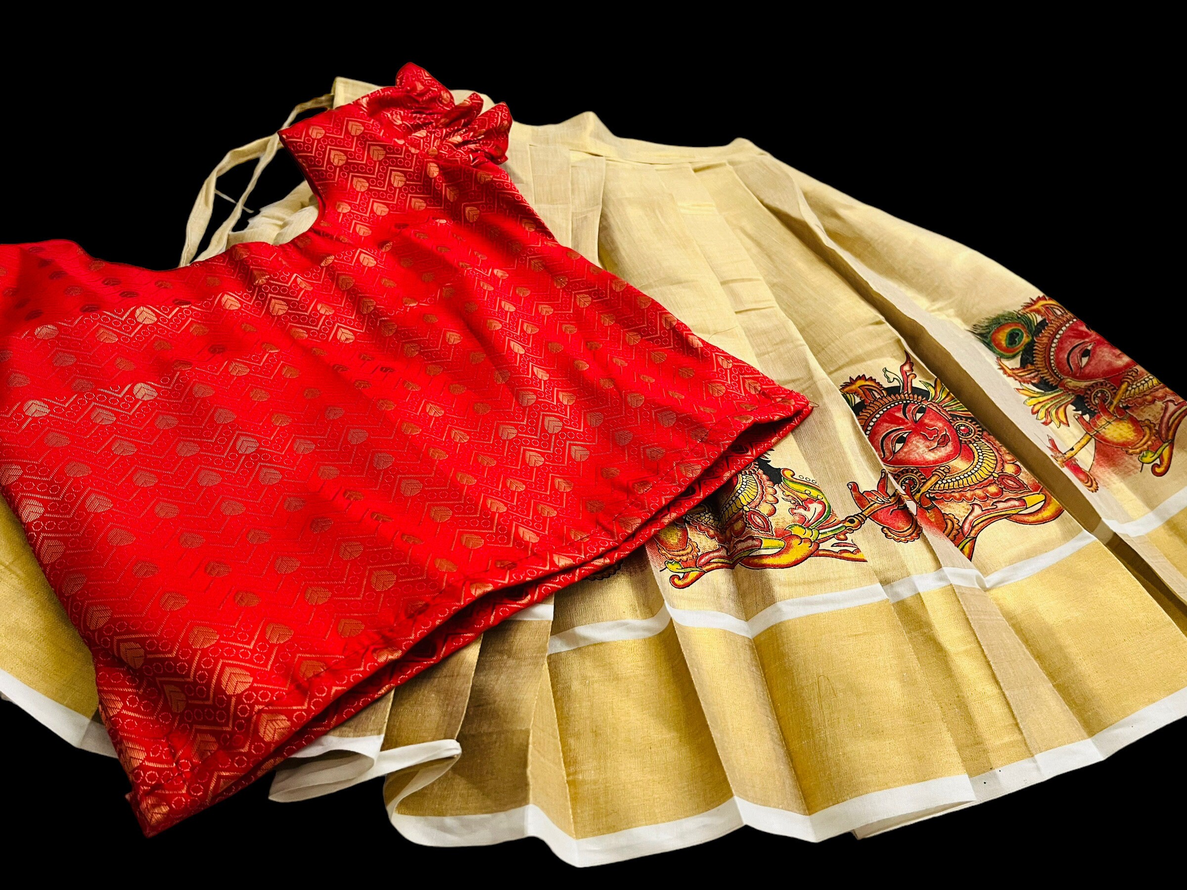 Girls Pattu Pavada red Gold Skirt Blouse Kerala Onam Dawani Kerala ...