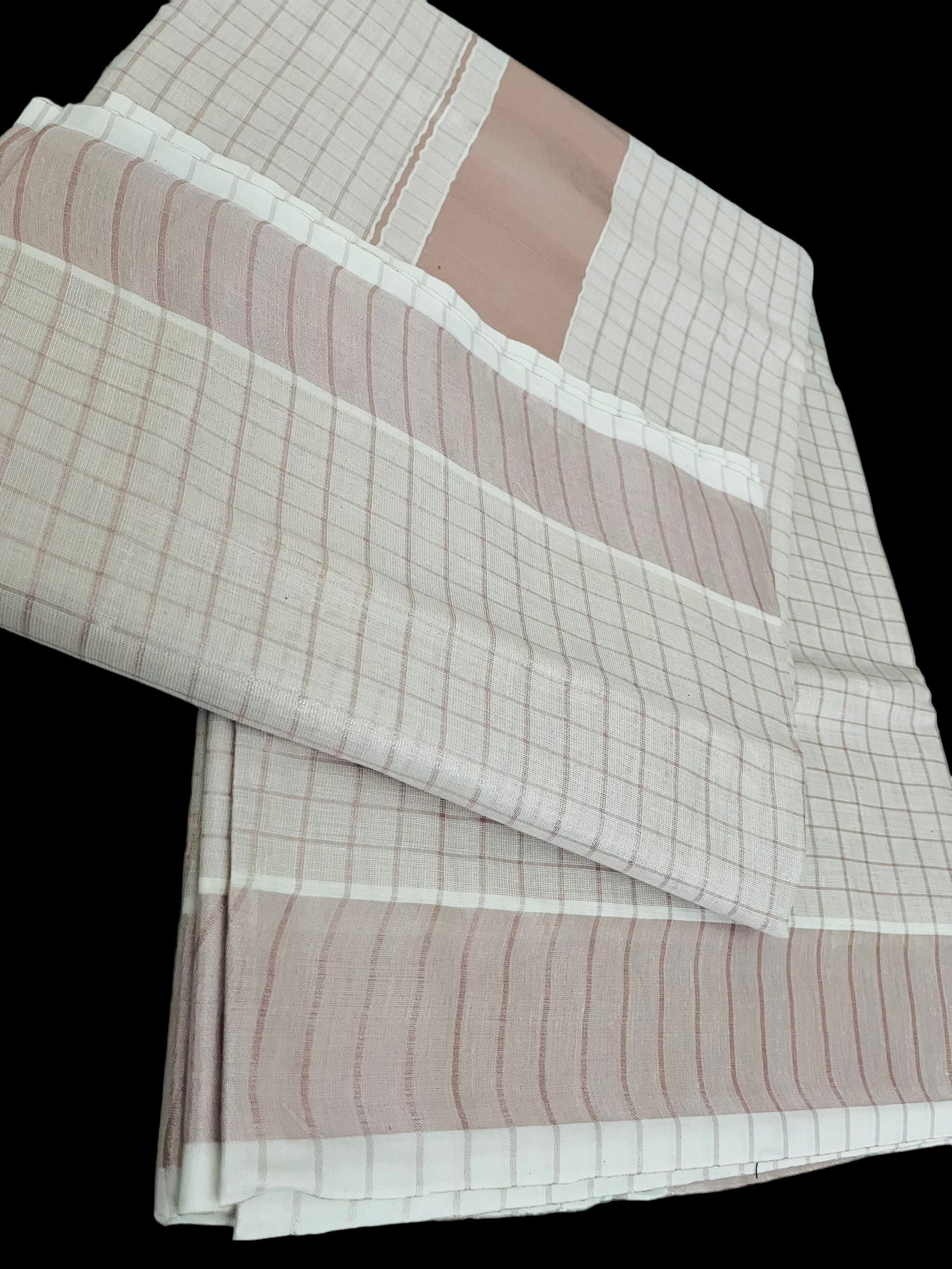 Kerala Onam Set Saree Rose Gold Check Stripes | Kerala Saree Rose Gold ...