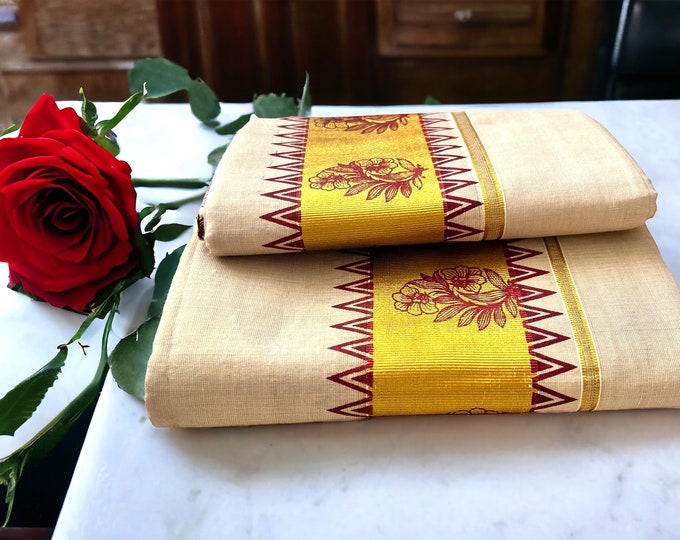 Kerala Traditional Set Mundu Tissue Dark Red Flowers Print in Gold ...