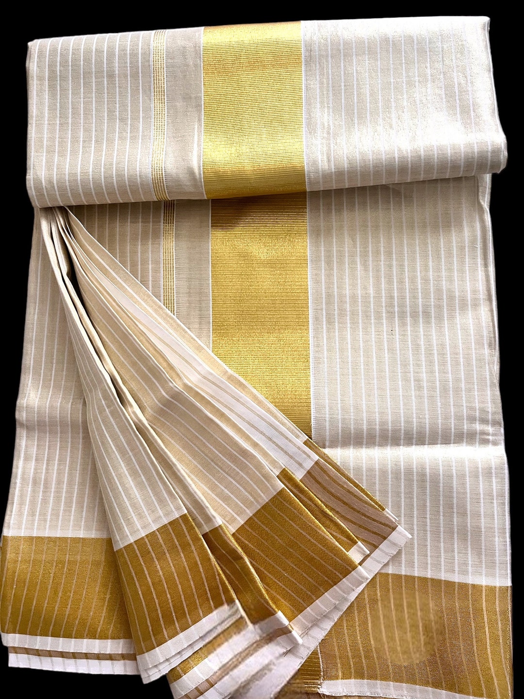 Kerala Onam Vishu Set Saree Gold Border With Stripe Pattern Kerala ...