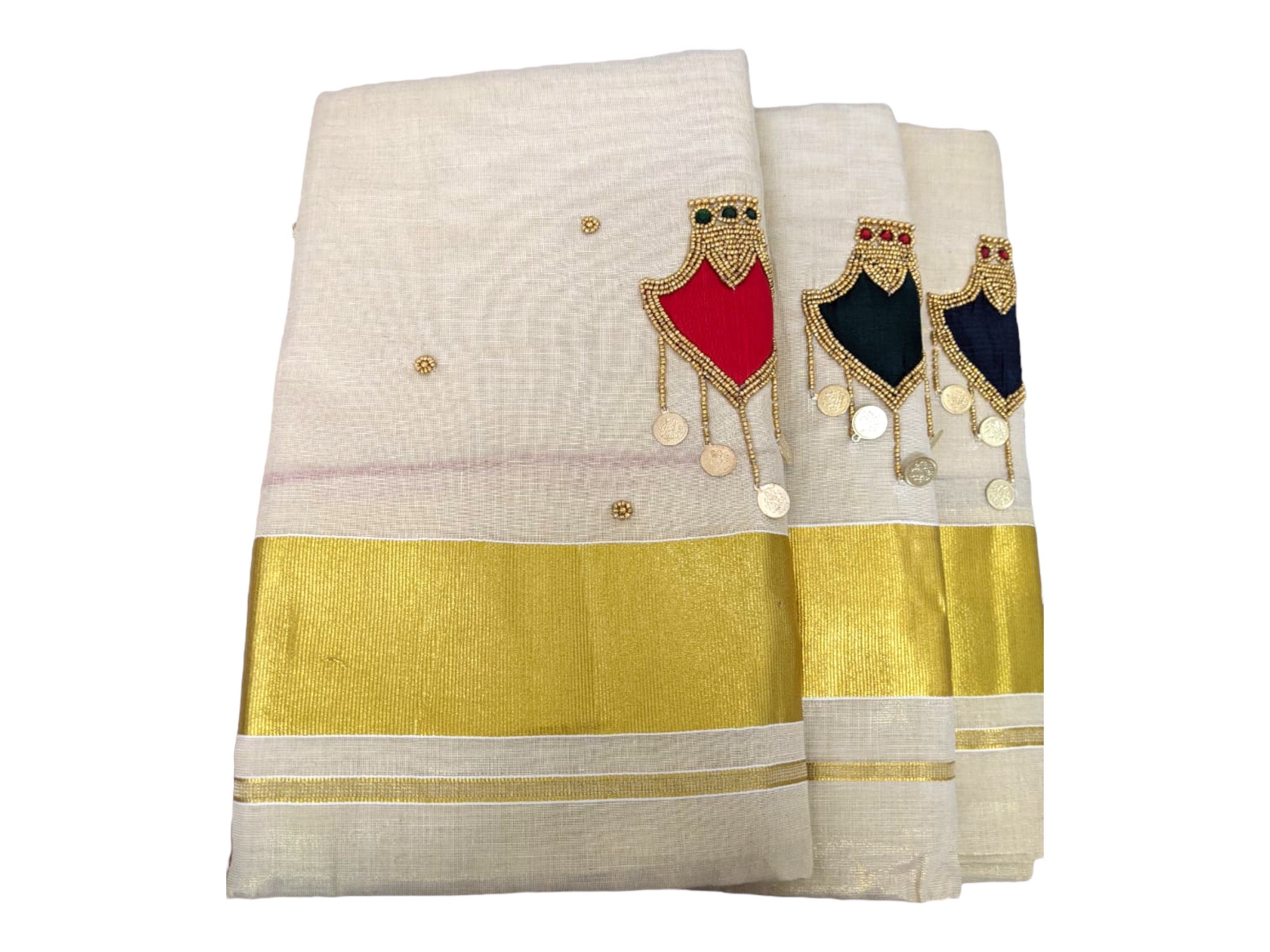 Kerala Onam Set Saree With Gold Palaka Works Beads Ariwork Tissue ...