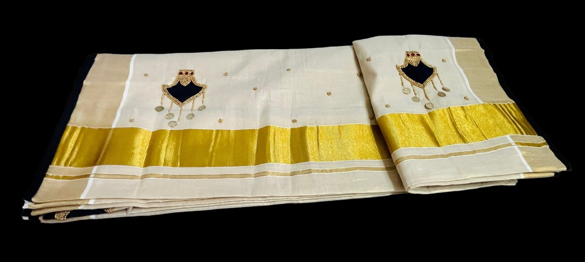 Kerala Onam Set Saree With Gold Palaka Works Beads Ariwork Tissue ...