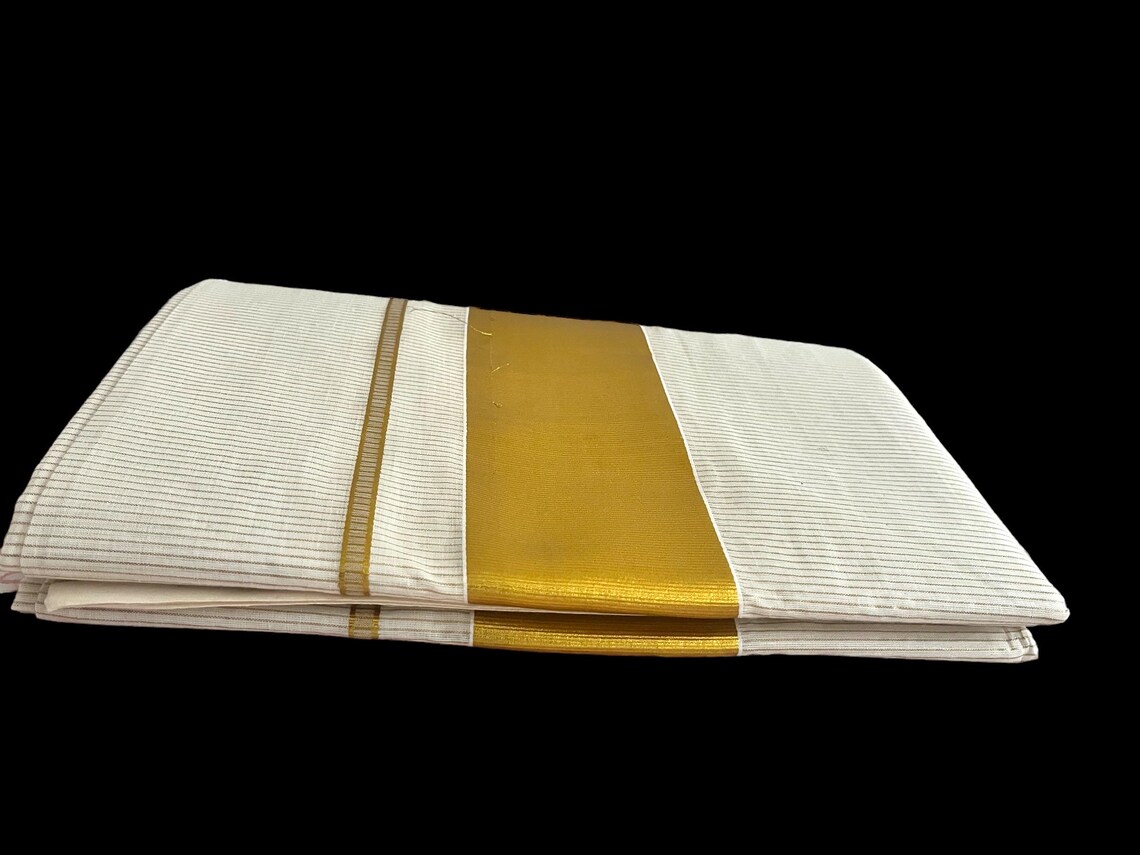 Kerala Onam Vishu Set Saree Gold Border With Stripe Pattern | Kerala ...