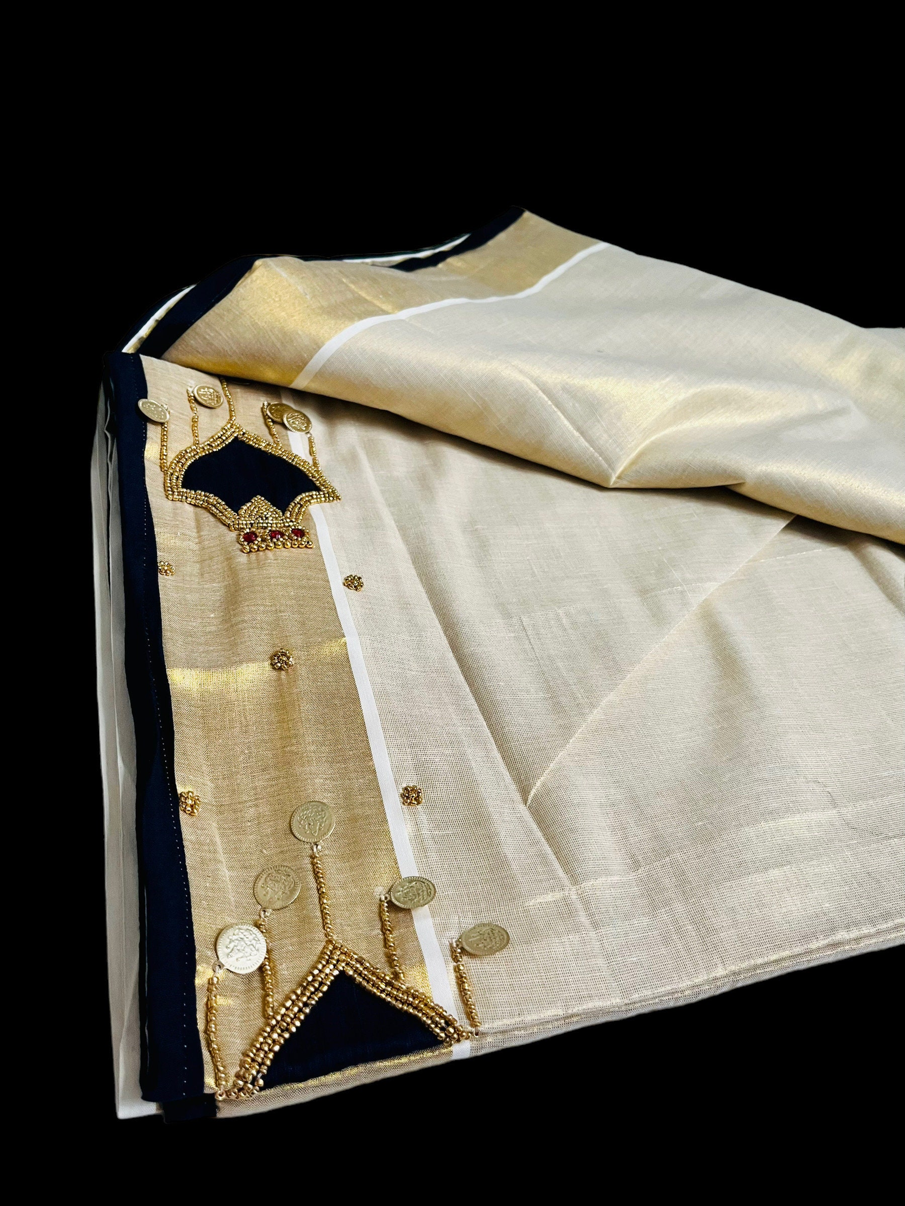 Kerala Onam Set Saree With Gold Palaka Works Beads Ariwork Tissue ...