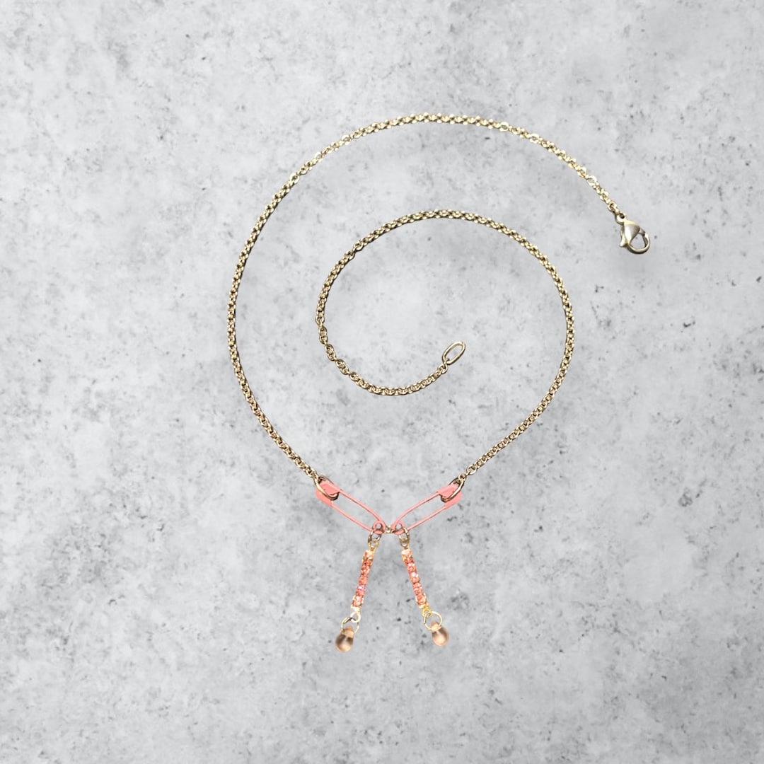 Pink Bow Necklace W/ Safety Pins Rhinestone and Glass Drops - Etsy