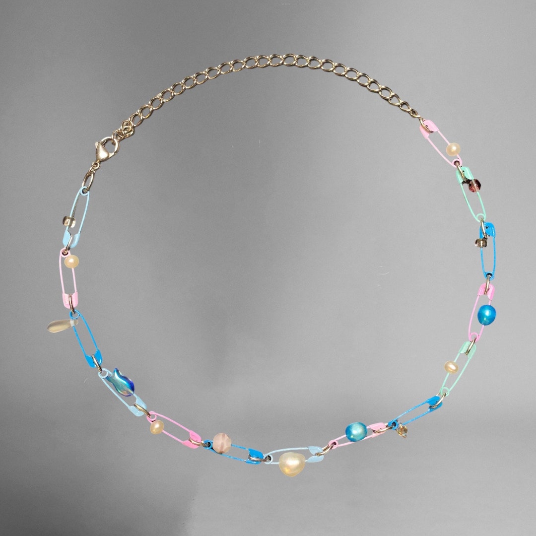 Smurf Necklace W/ Blue and Purple Safety Pins, Glass Beads, Freshwater ...