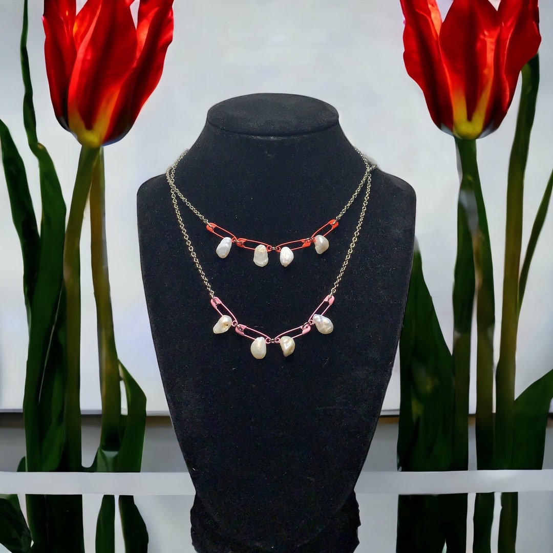 Teeth Choker W/ White Freshwater Pearls & Safety Pin Gums | Red Pink ...