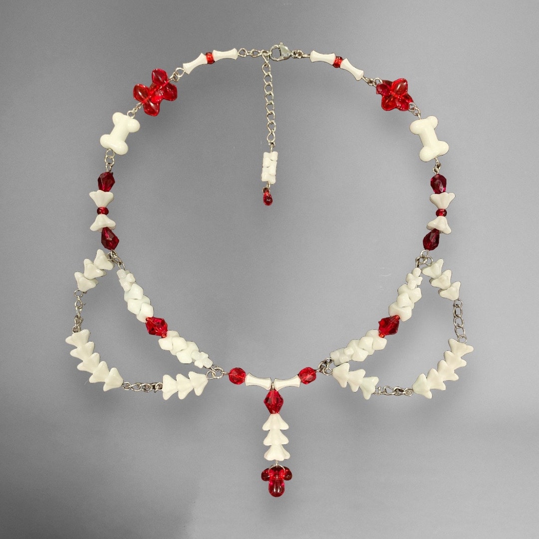 Bone & Red Glass Necklace: Goth Memento Mori Choker - Etsy
