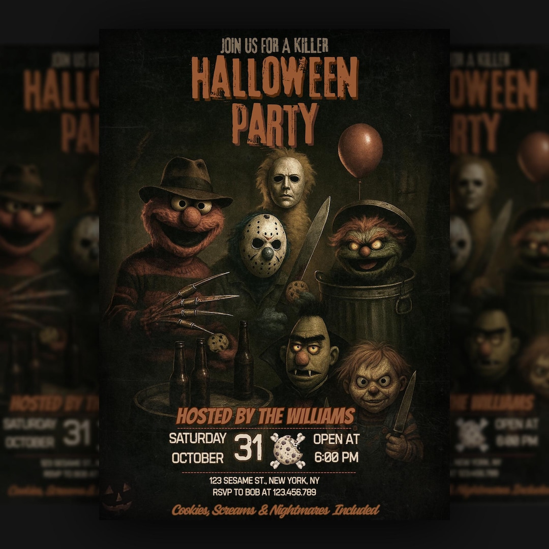 Funny Horror Party Invitation Template, Creepy Puppet Characters ...