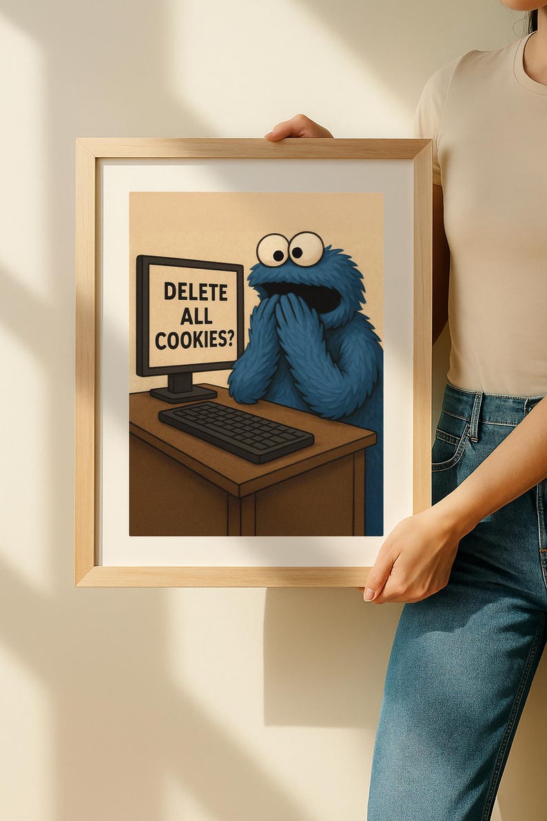 Funny Blue Monster Poster, Delete All Cookies Meme Print, Tech Humor ...