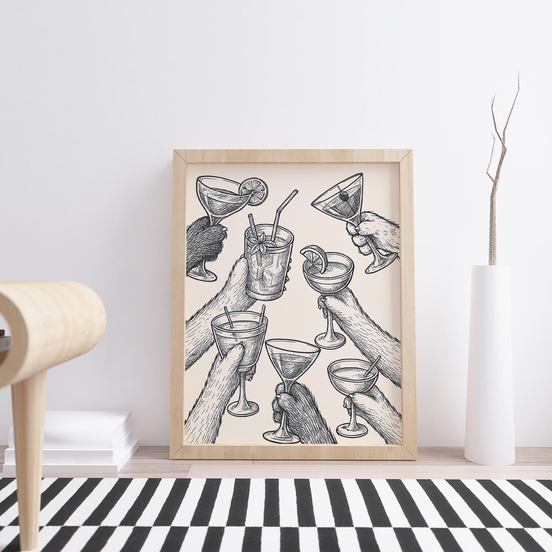 Funny Bar Wall Art for Kitchen, Cat Paws Party Celebration Poster, Hand ...