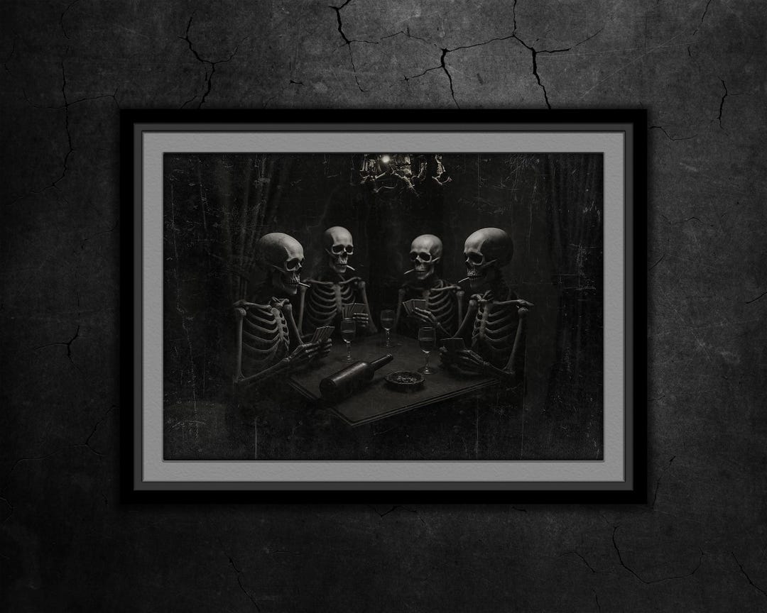 Vintage Gothic Skeleton Poker Party Poster, Dark Humor Halloween Wall ...