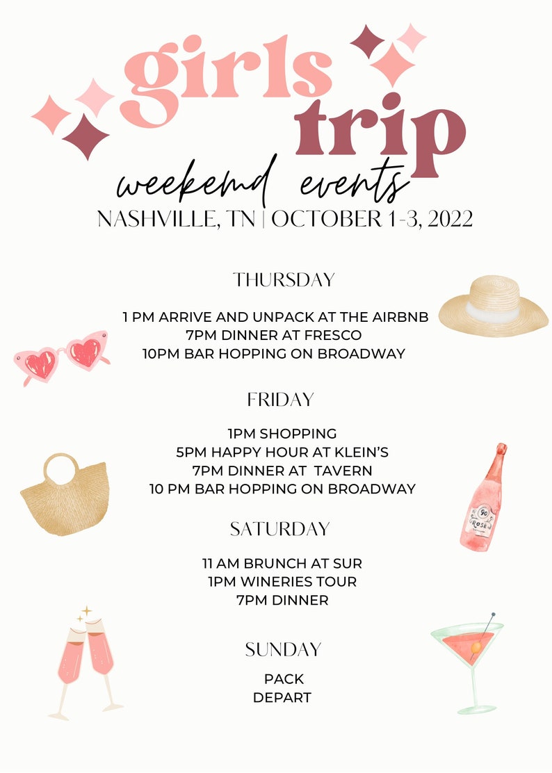Girls Trip Itinerary Template - Reunion Vacation Itinerary - Instant ...
