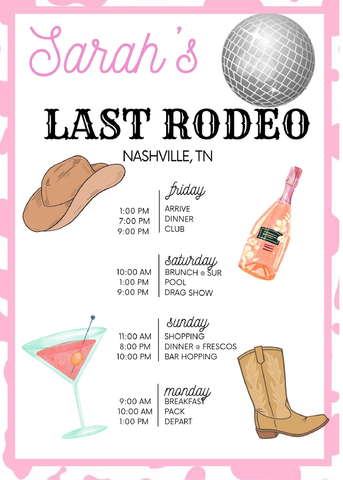Last Rodeo Bachelorette Itinerary Nashville or Texas - Etsy