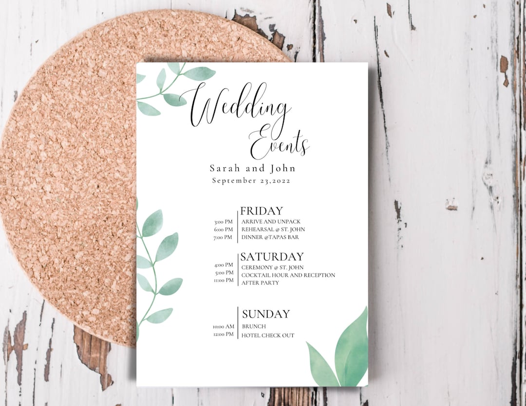 Wedding Weekend Itinerary - Wedding Events Schedule - Hotel Welcome Bag ...