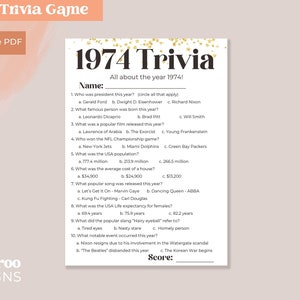 1974 Trivia | 50th Birthday Trivia Game | 50th Birthday Activity ...