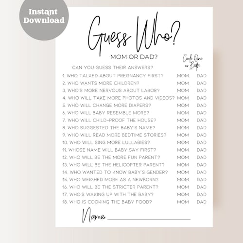 Guess Who Mom or Dad Mommy or Daddy Game Fun Baby Shower - Etsy