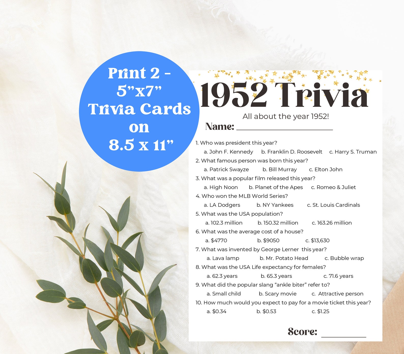 1952 Trivia 72nd Birthday Trivia Game 72nd Birthday Activity Birthday ...