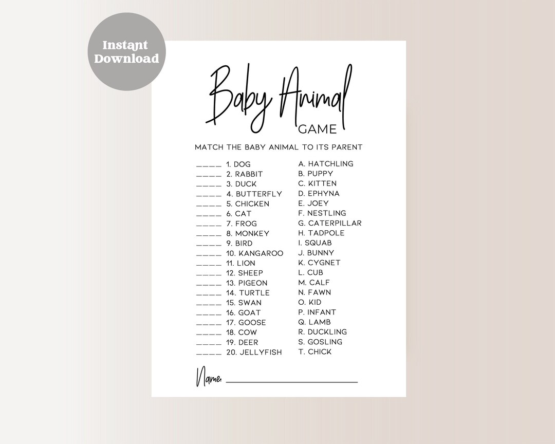 Baby Animal Name Game | Baby Shower Games | Instant Download ...