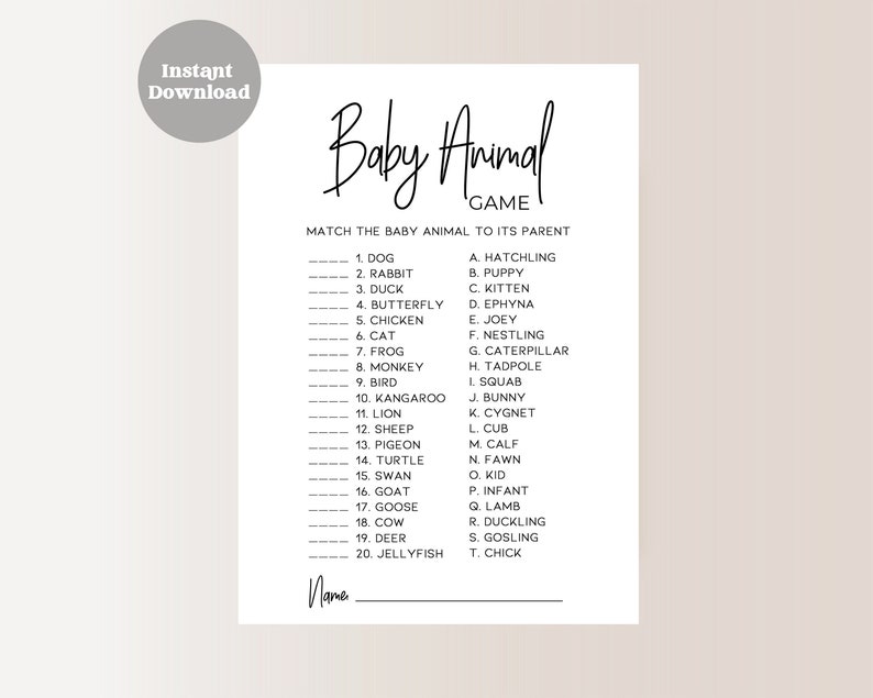 Baby Animal Name Game Baby Shower Games Instant Download - Etsy