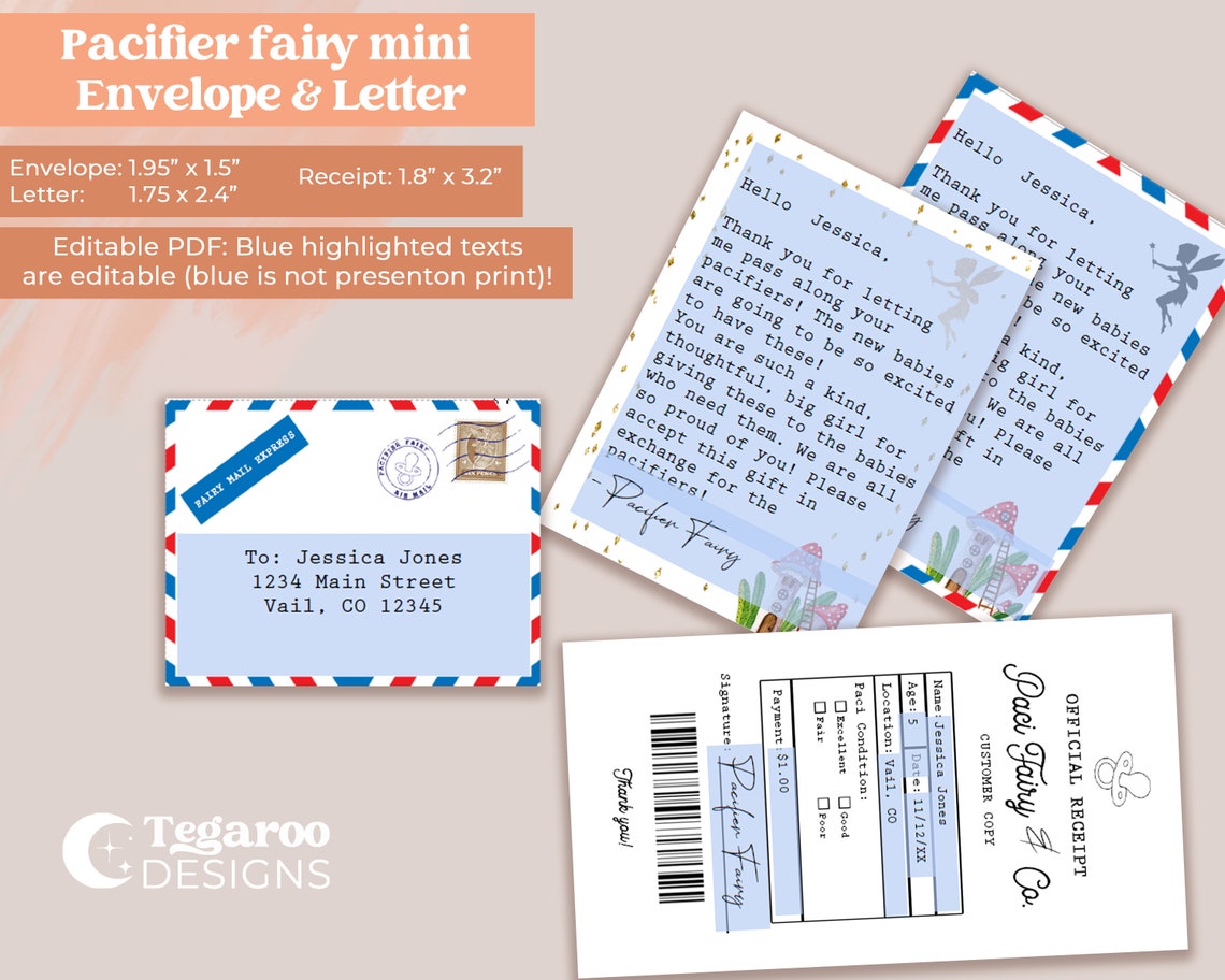 Pacifier Binky Fairy Miniature Letter, Receipt, Envelope | Boy or Girl ...