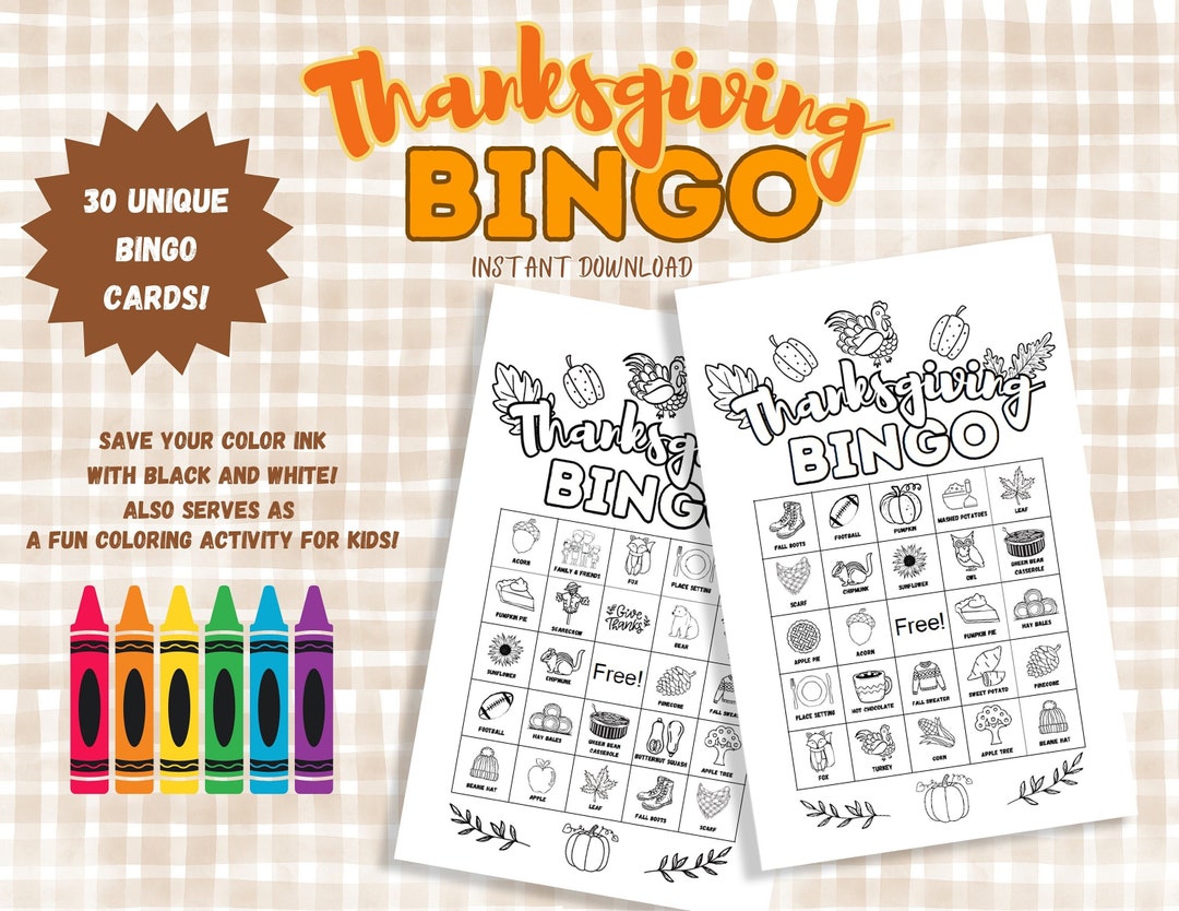 30 Thanksgiving Bingo Cards | Black and White | Kids Activity Coloring ...