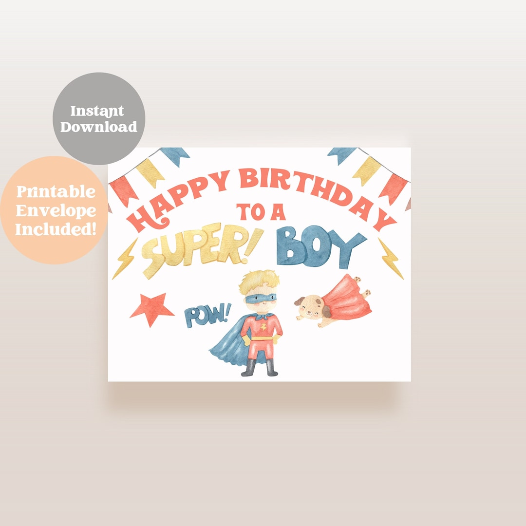 Printable Boy Super Hero Birthday Card digital Instant Download With ...