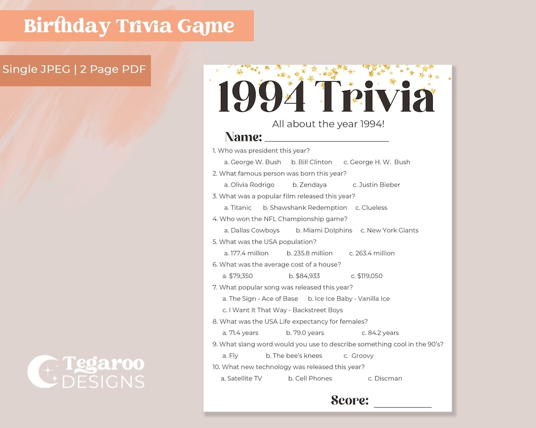 1994 Trivia | 30th Birthday Trivia Game | 30th Birthday Activity ...