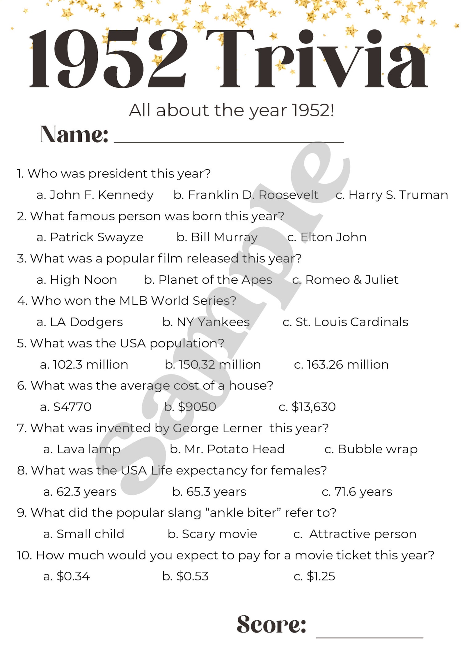 1952 Trivia 72nd Birthday Trivia Game 72nd Birthday Activity Birthday ...