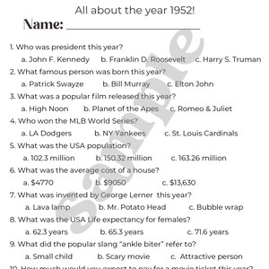 1952 Trivia | 72nd Birthday Trivia Game | 72nd Birthday Activity ...