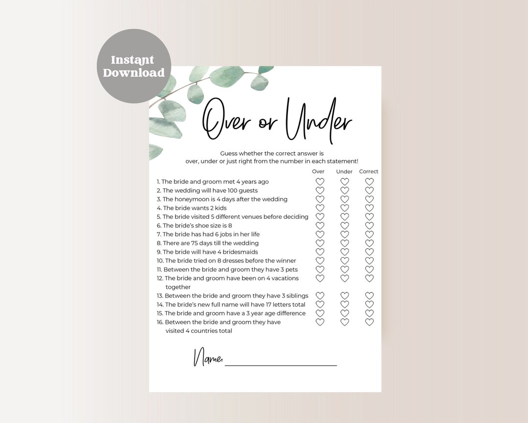 Over or Under Game | Fun Bridal Shower Games | Instant Download ...