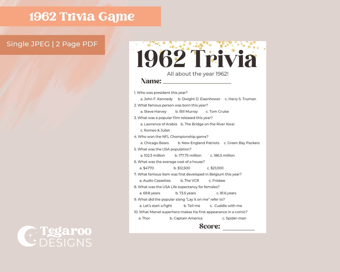 1962 Trivia | 62nd Birthday Trivia Game | 62nd Birthday Activity ...