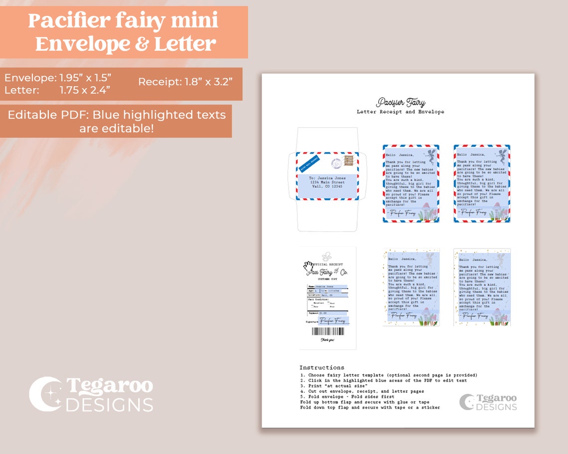 Pacifier Binky Fairy Miniature Letter, Receipt, Envelope | Boy or Girl ...