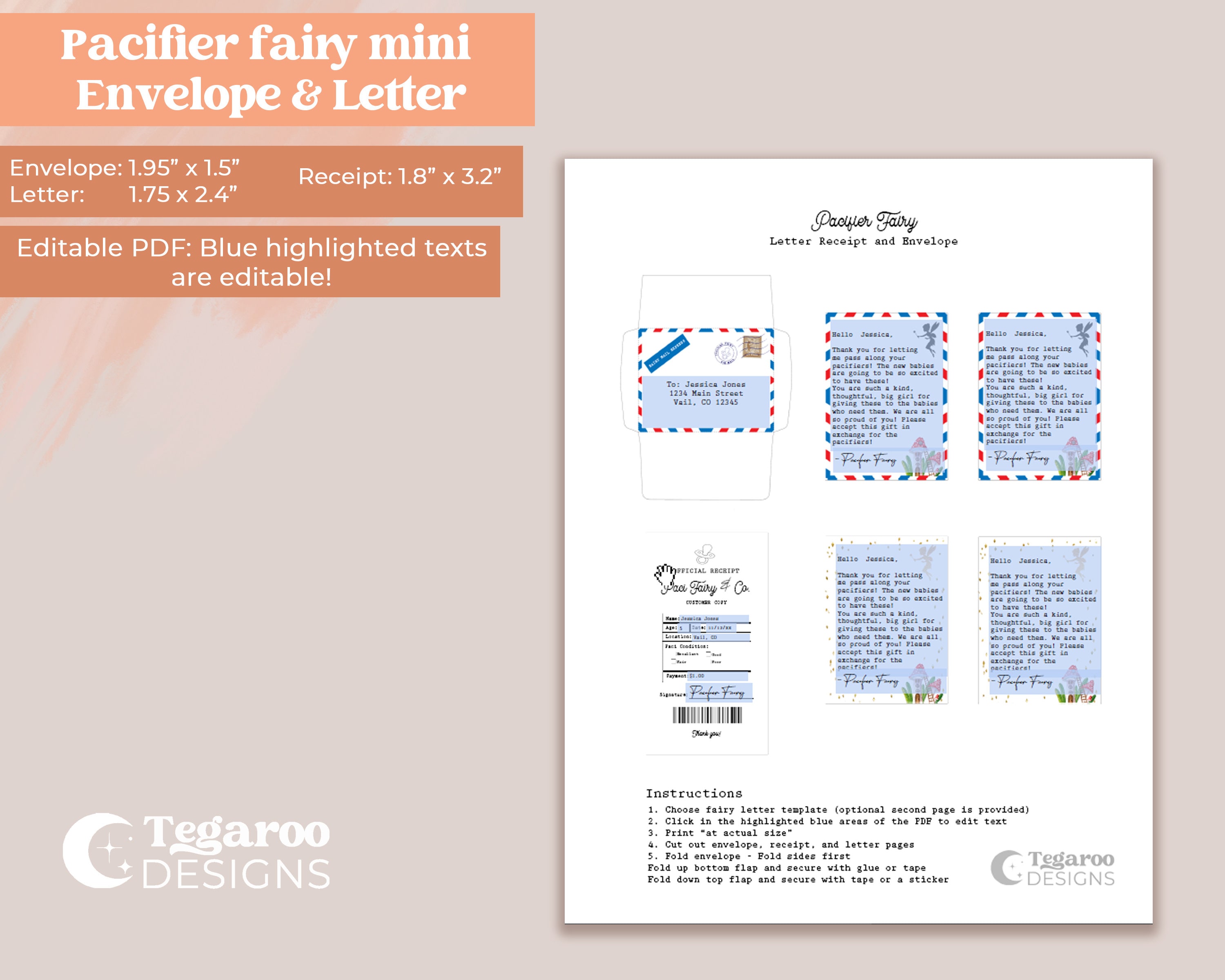 Pacifier Binky Fairy Miniature Letter, Receipt, Envelope | Boy or Girl ...