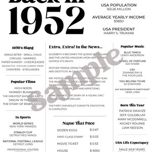 1952 Trivia | 72nd Birthday Trivia | 72nd Birthday Present | Birthday ...
