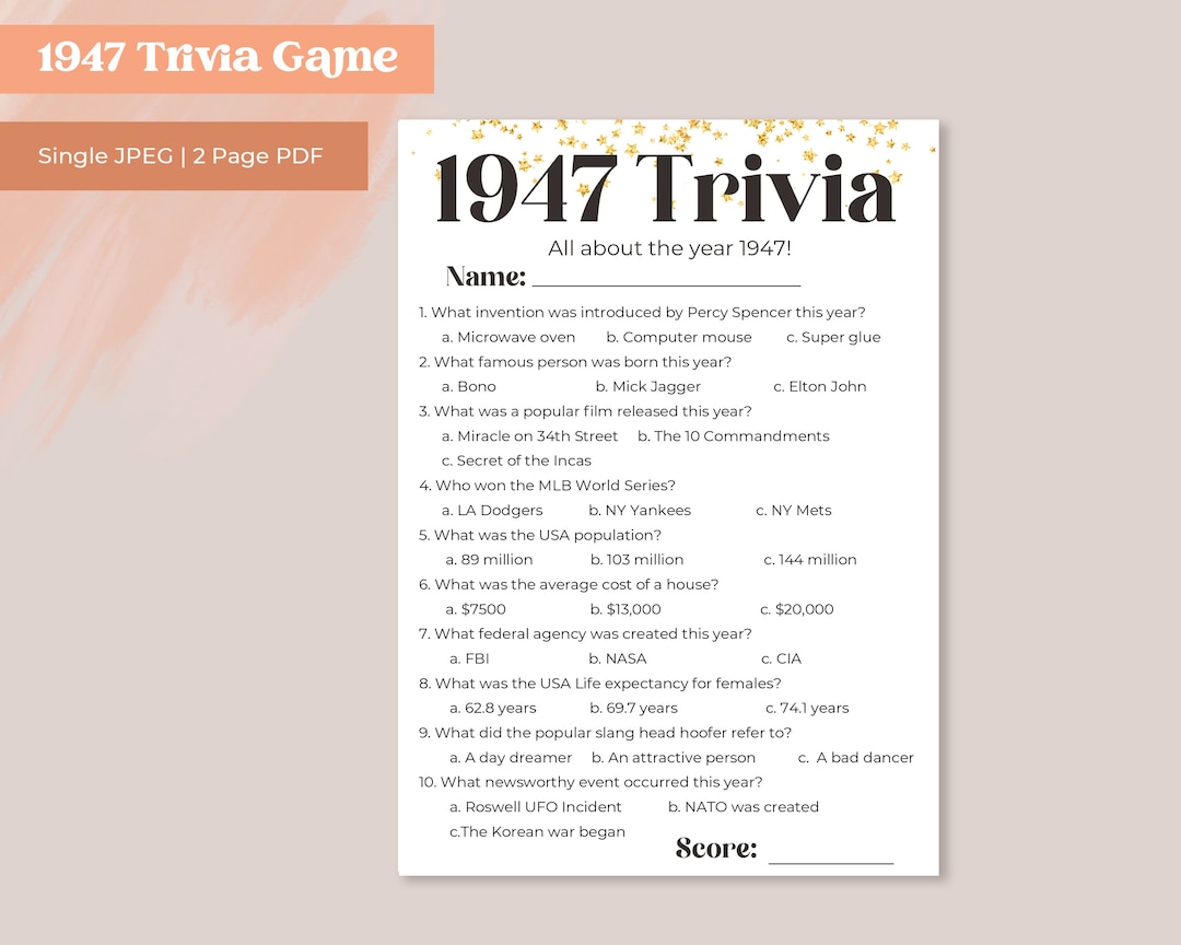 1947 Trivia | 77th Birthday Trivia Game | 77th Birthday Activity ...