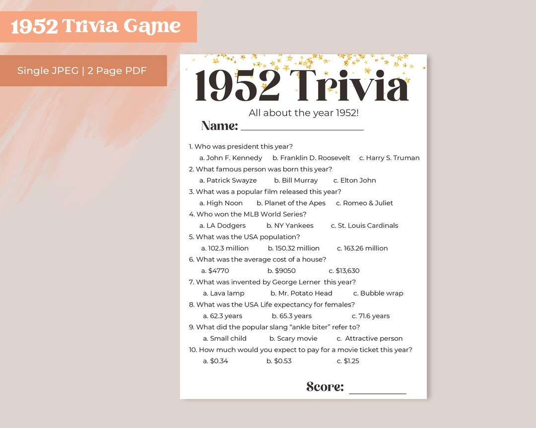 1952 Trivia | 72nd Birthday Trivia Game | 72nd Birthday Activity ...