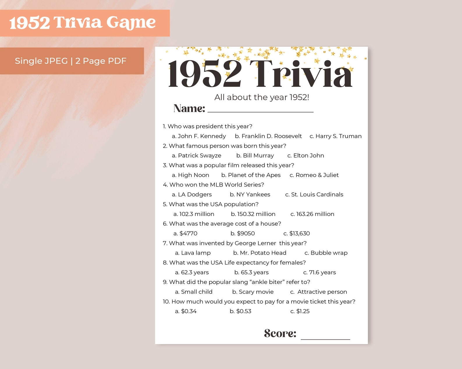 1952 Trivia 72nd Birthday Trivia Game 72nd Birthday Activity Birthday ...