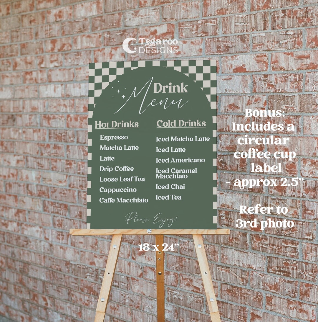 Sage Checkered Menu Sign | Coffee Drink Menu | Cup Label Customizable ...
