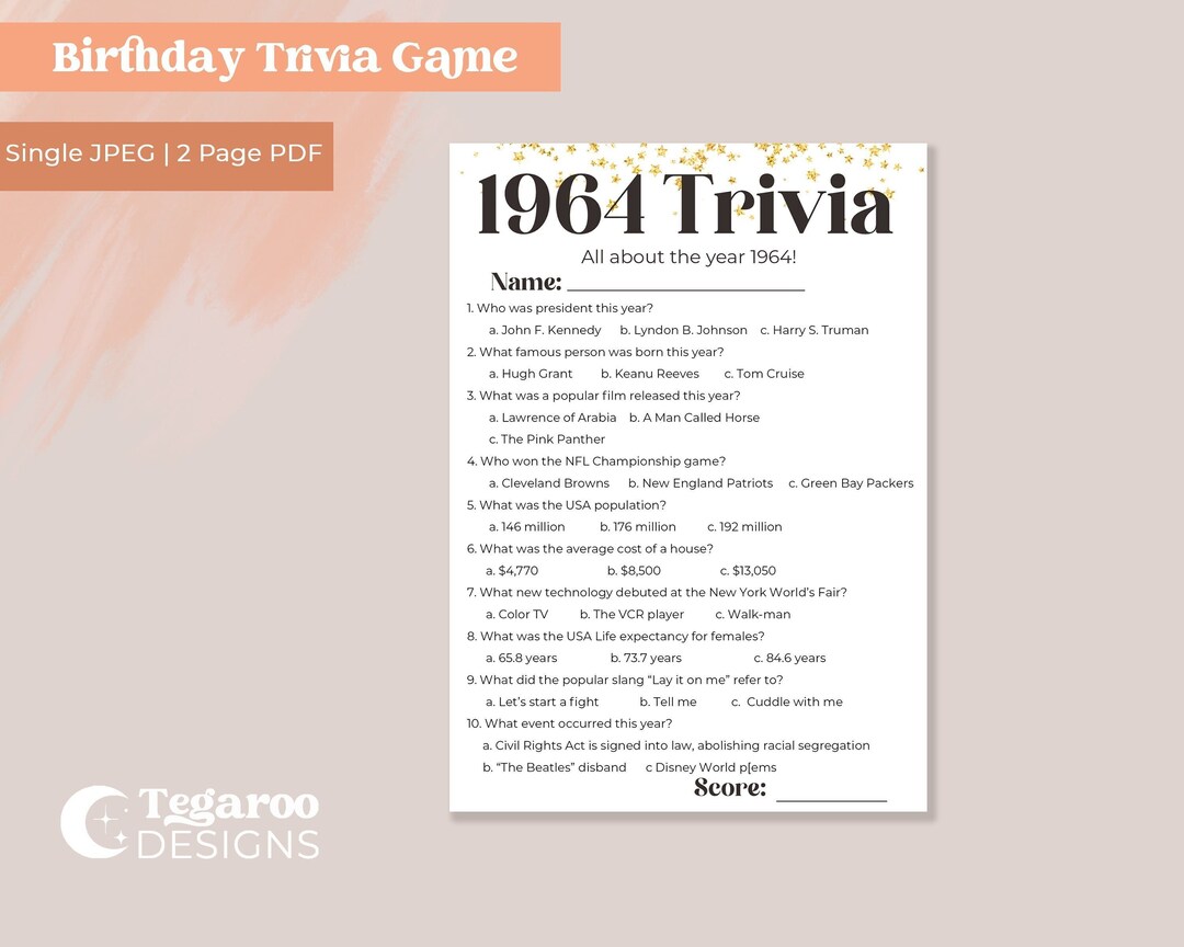 1964 Trivia | 60th Birthday Trivia Game | 60th Birthday Activity ...