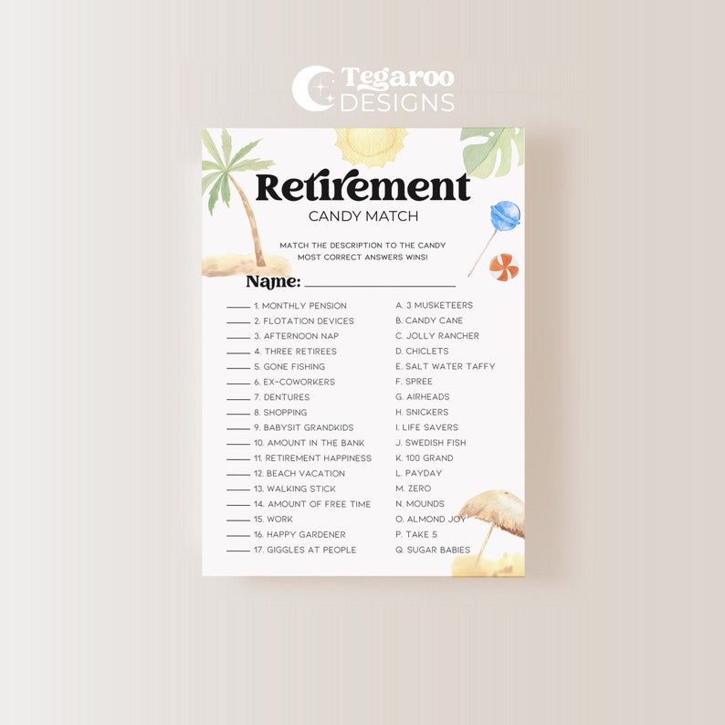 Fun Retirement Retiree Party Games | Modern Retro | Candy Match Trivia ...