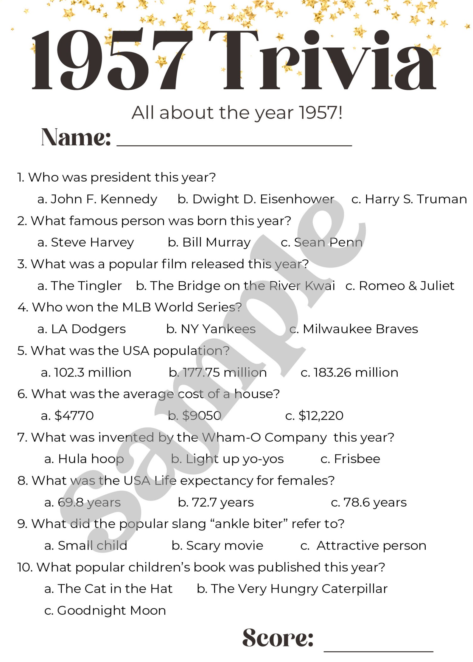 1957 Trivia 66th Birthday Trivia Game 66th Birthday - Etsy